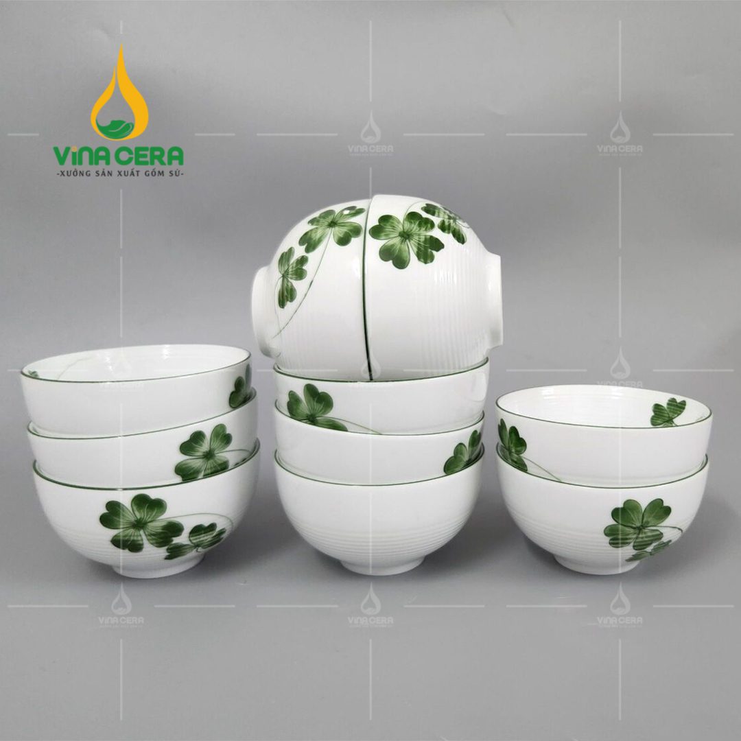Bộ Chén Đĩa Sứ Bát Tràng Họa Tiết Cỏ Bốn Lá Vẽ Tay - BBA 102413
