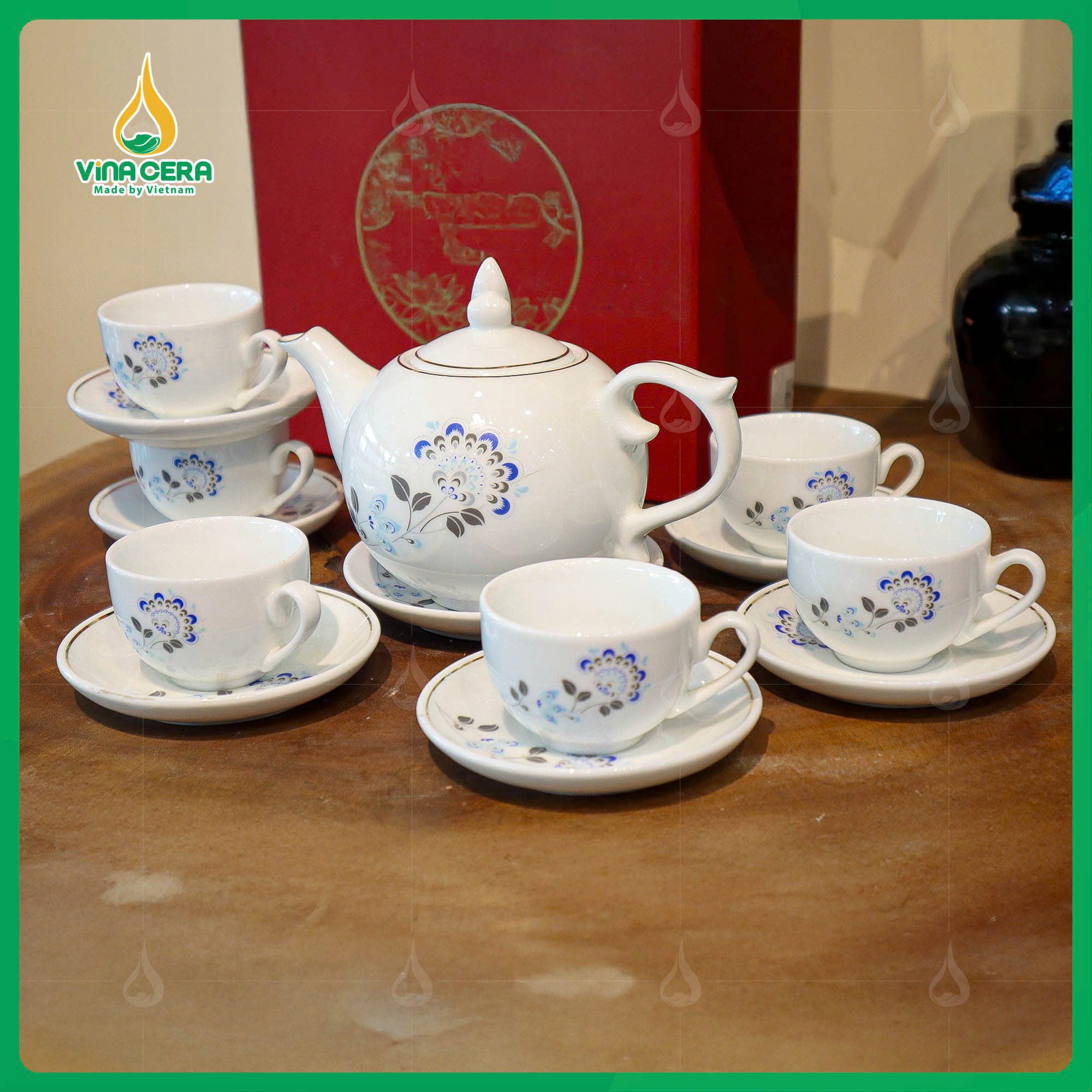 Bộ Ấm Chén Dáng Bưởi Chóp Ngọn Lửa In logo Đại Hội Đảng